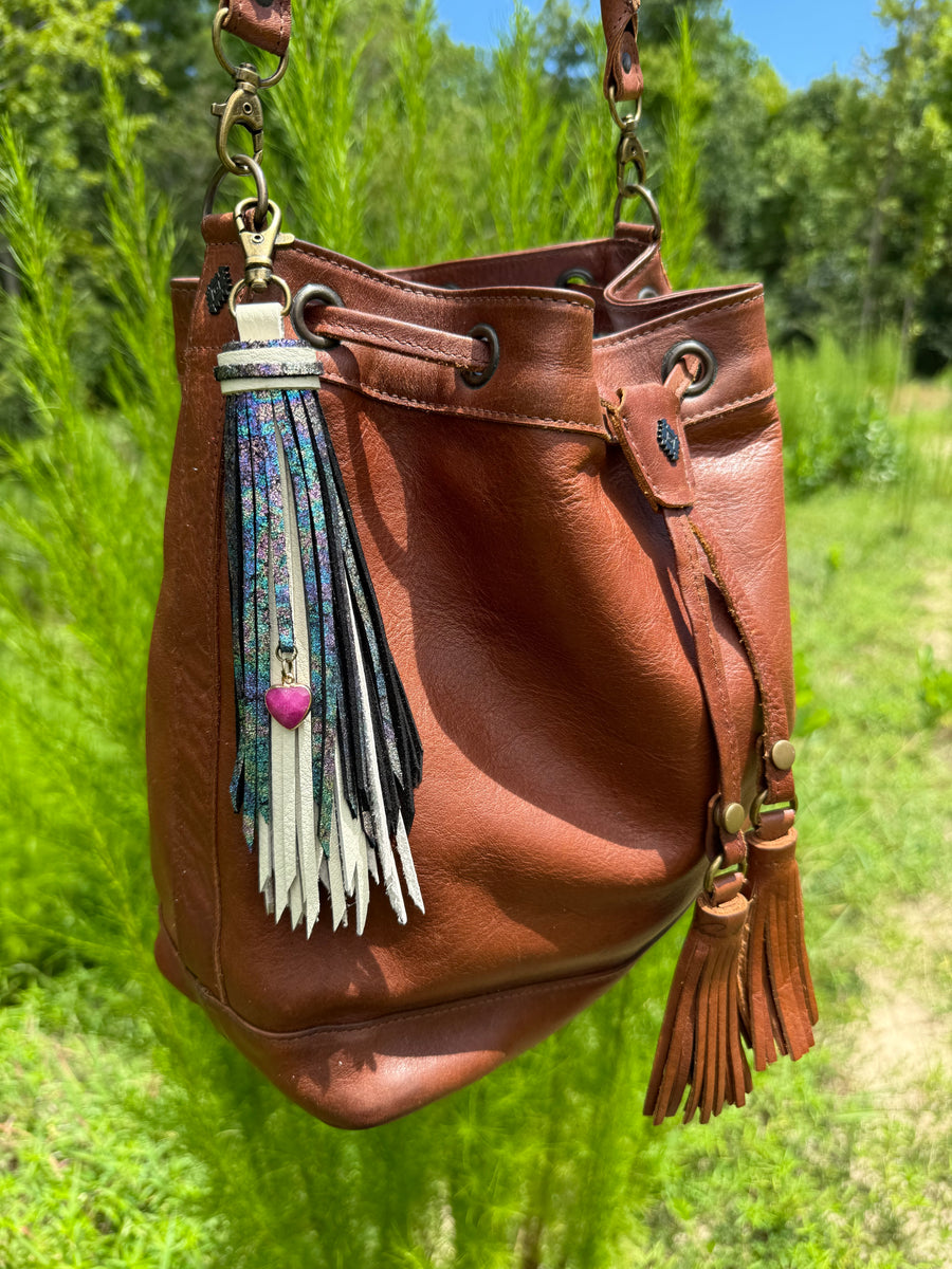 Handmade Leather Clip Tassel, Bone and Oil Slick – Topsail Winds Jewelry