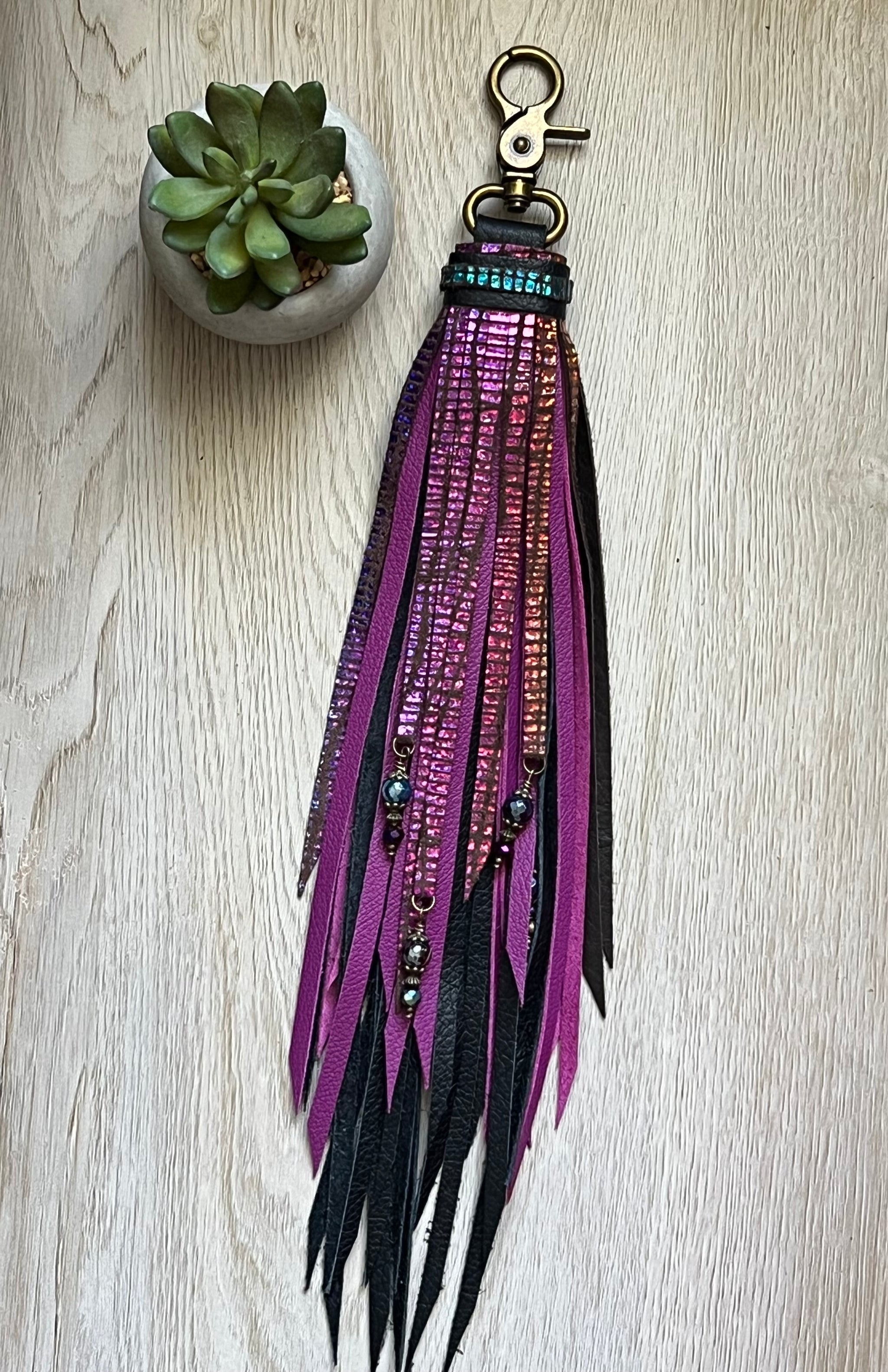 Reversible Long Clip Tassel - Black, Magenta and Rainbow Shimmer Cowhi ...