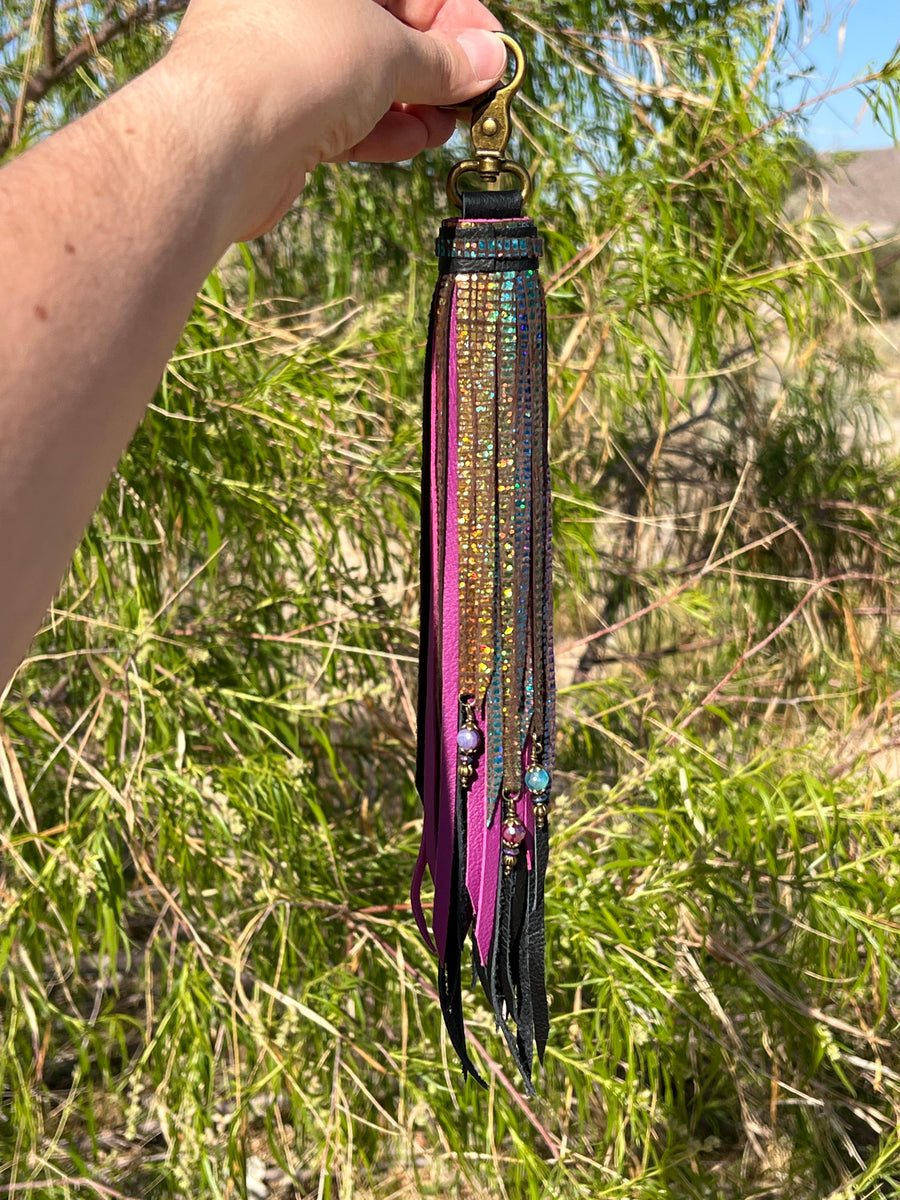 Reversible Long Clip Tassel - Black, Magenta and Rainbow Shimmer Cowhi ...